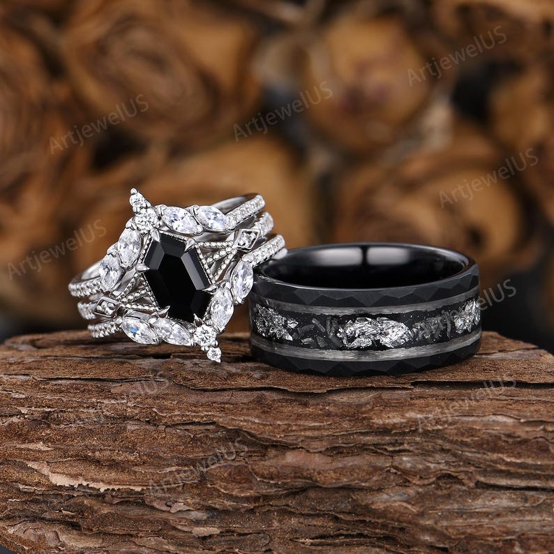 Vintage Black Onyx Couple Ring Set Double Curved Moissanite Wedding ...