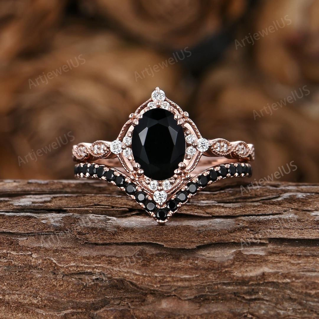 Vintage Black Onyx Engagement Ring Set Unique Curved Black Spinel ...