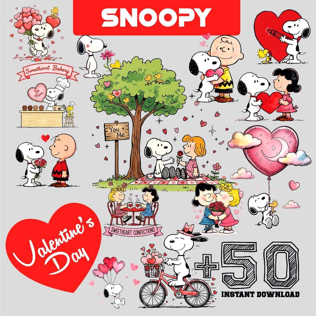 Snoopy PNG Bundle (50 Designs) | Cute Cartoon Dog PNG | Peanuts Love ...