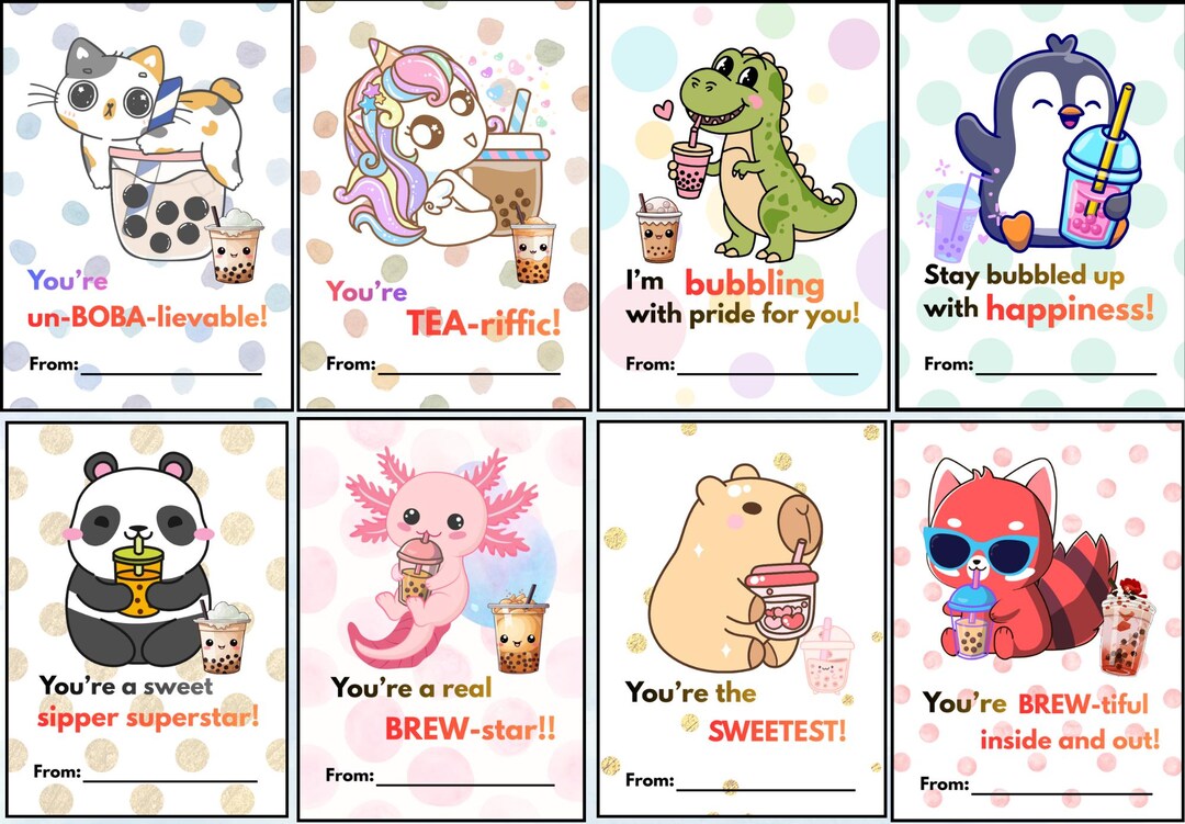 Set of 8 Animal Bubble Tea Printable Cards, Unicorn, Cat, Capybara Pun ...