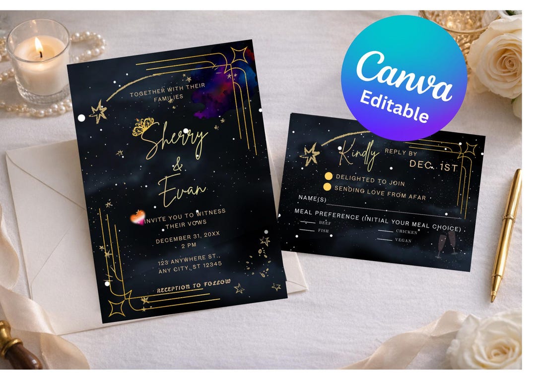 Elegant Night Wedding Invitation Suite, Editable Canva Invite + RSVP ...