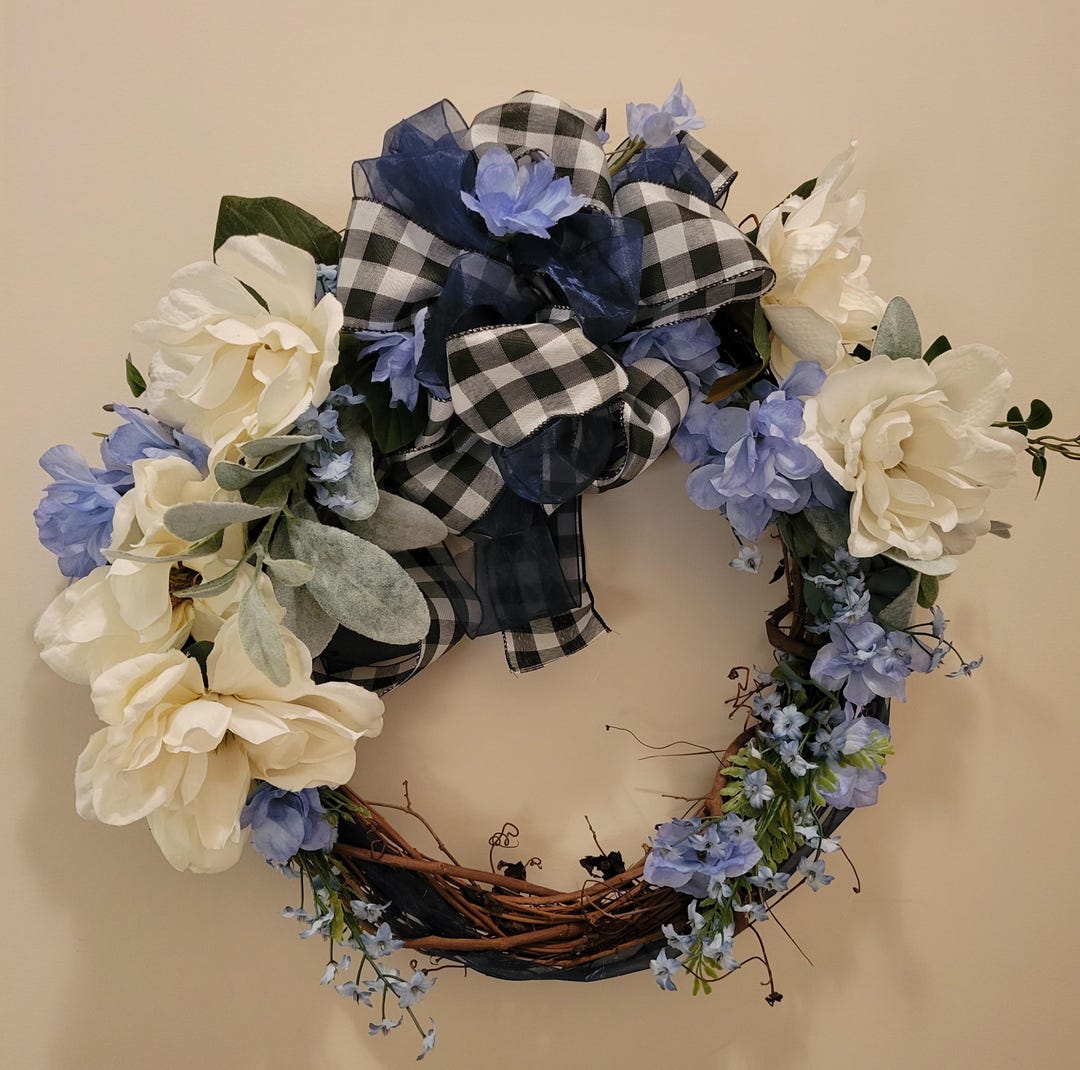 Blue Floral – All Season Decor – Light & Airy Seasonal Wreath - Etsy