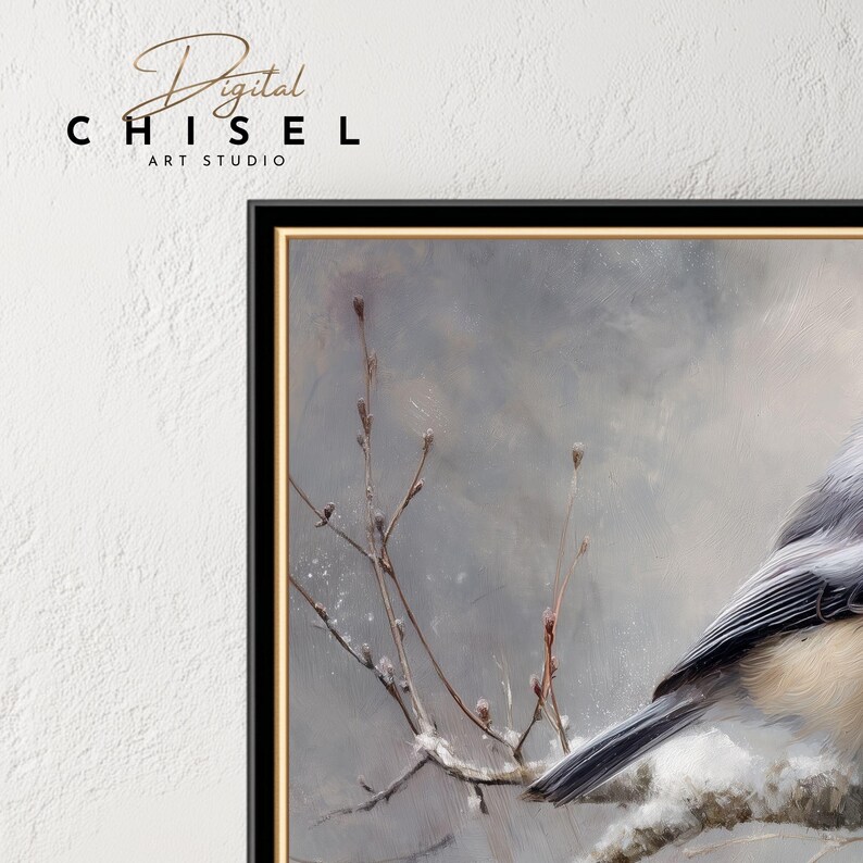 Chickadee Winter Painting Printable, Snowy Bird Wall Art, Neutral ...