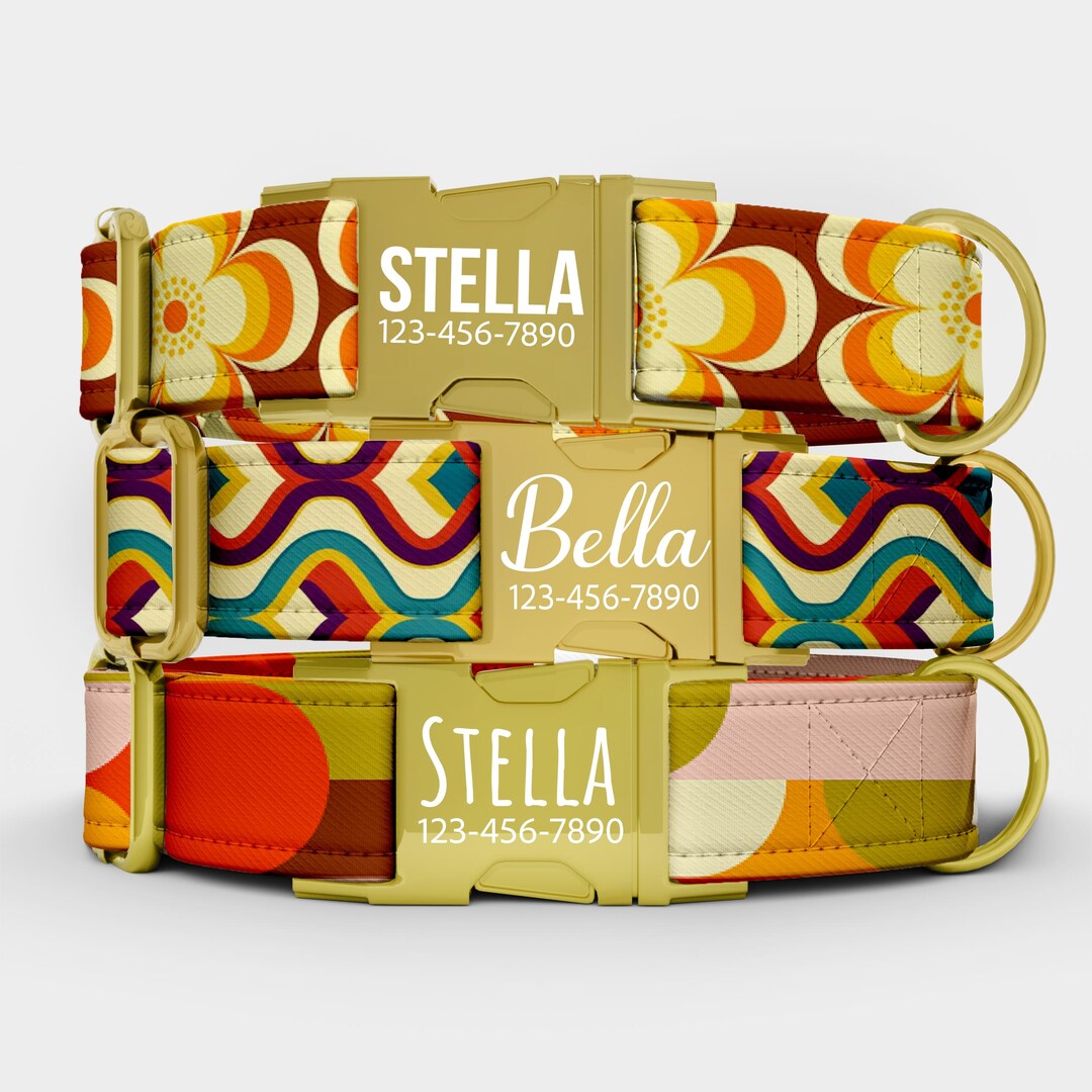 Retro Pattern Dog Collar With Engraved Metal Buckle, Vintage Groovy ...