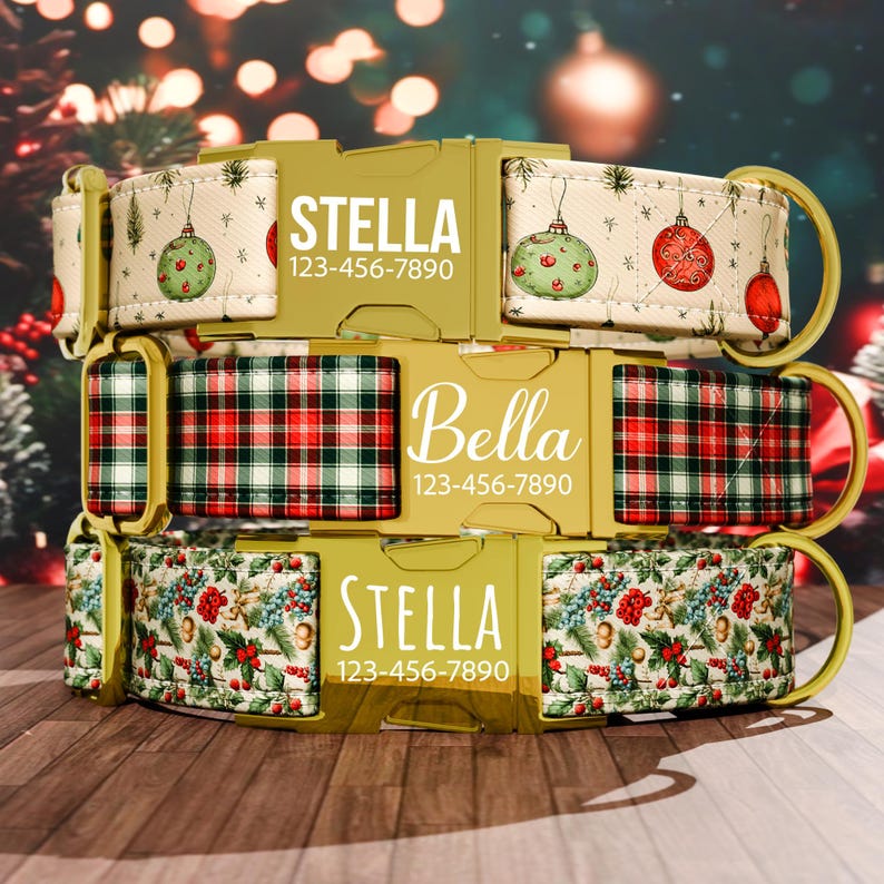 Vintage Christmas Dog Collar: Festive Holiday Print, Custom Buckle LI ...