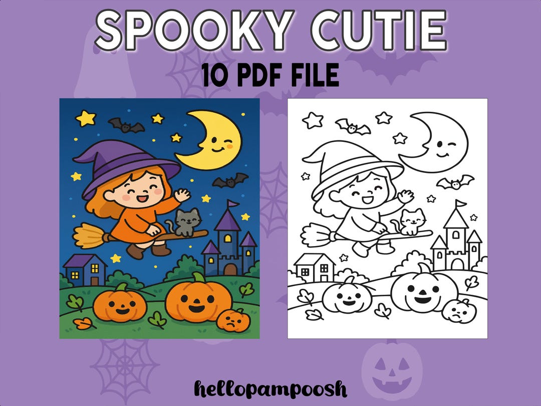 Kawaii Halloween Coloring Page: Ghosts, Pumpkins, Bats (digital ...