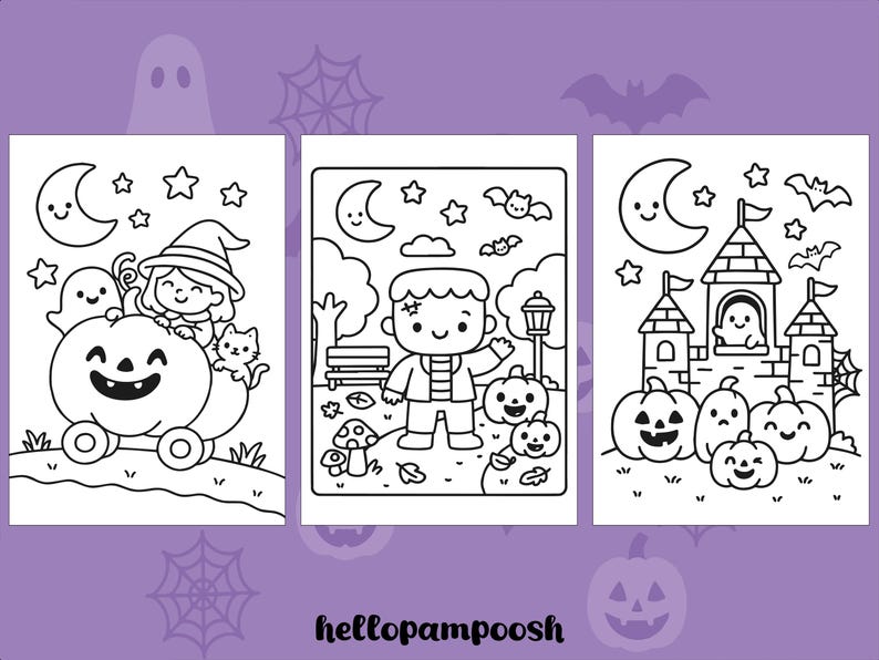 Kawaii Halloween Coloring Page: Ghosts, Pumpkins, Bats (digital ...