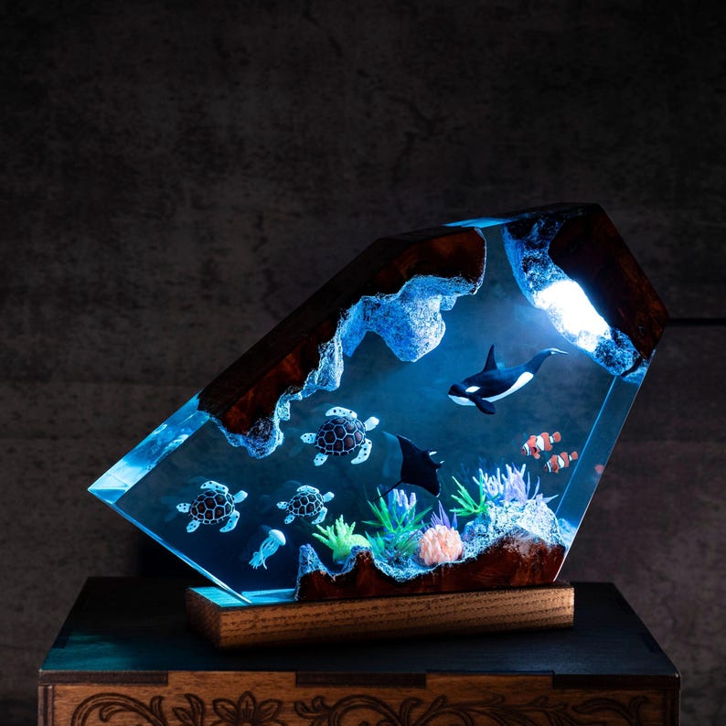 Orca & Turtle Resin Lamp – Coral Reef Resin Art With Wood Base ...