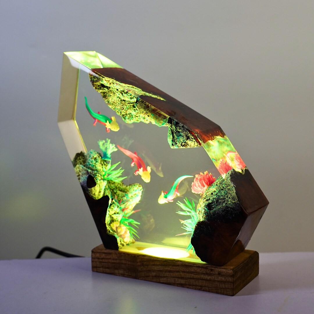 Axolotl Resin Lamp With Wooden Base, Handmade Underwater Diorama Night ...