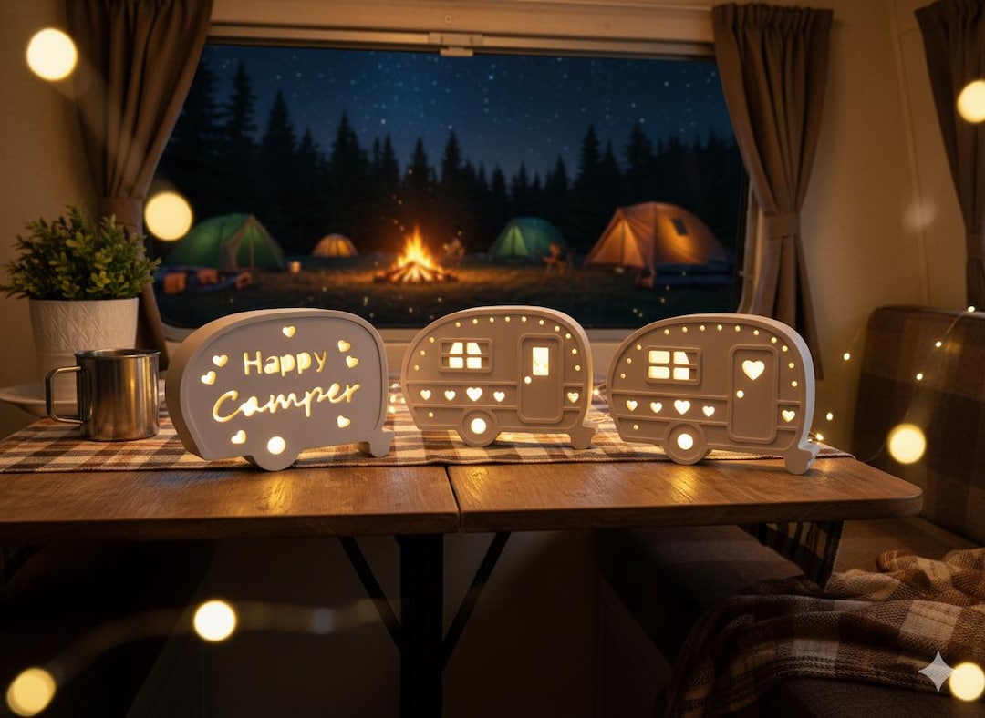 Illuminated Ceramic Camper Decoration – Happy Camper Caravan With Light ...