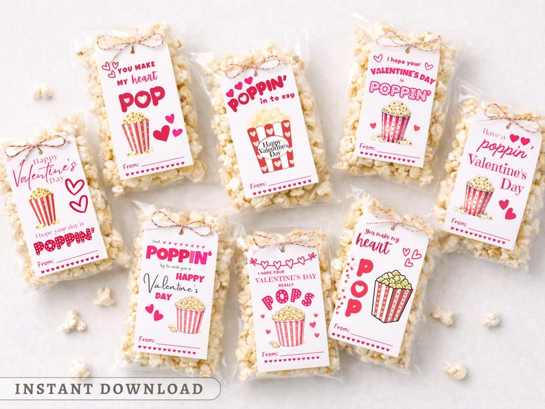Valentine's Day Gift Tags, Printable Popcorn School Valentine Cards ...