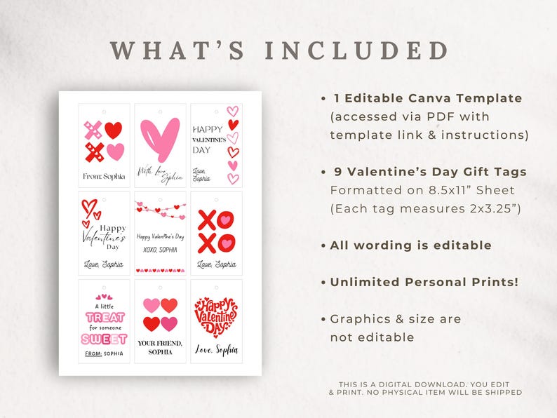 Editable Valentine’s Day Gift Tags, Printable Valentine Tags, Kids ...