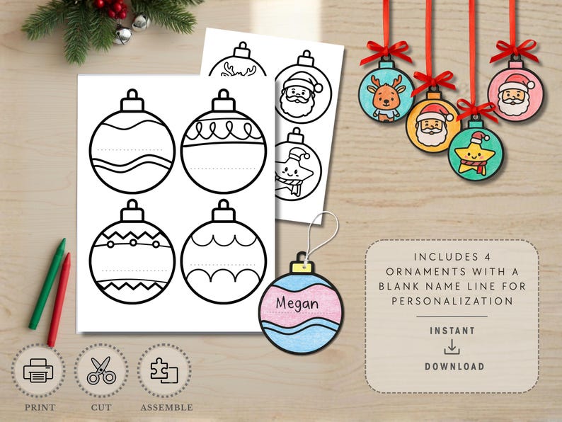 Printable Christmas Ornaments for Kids, Coloring Craft, DIY Ornament ...