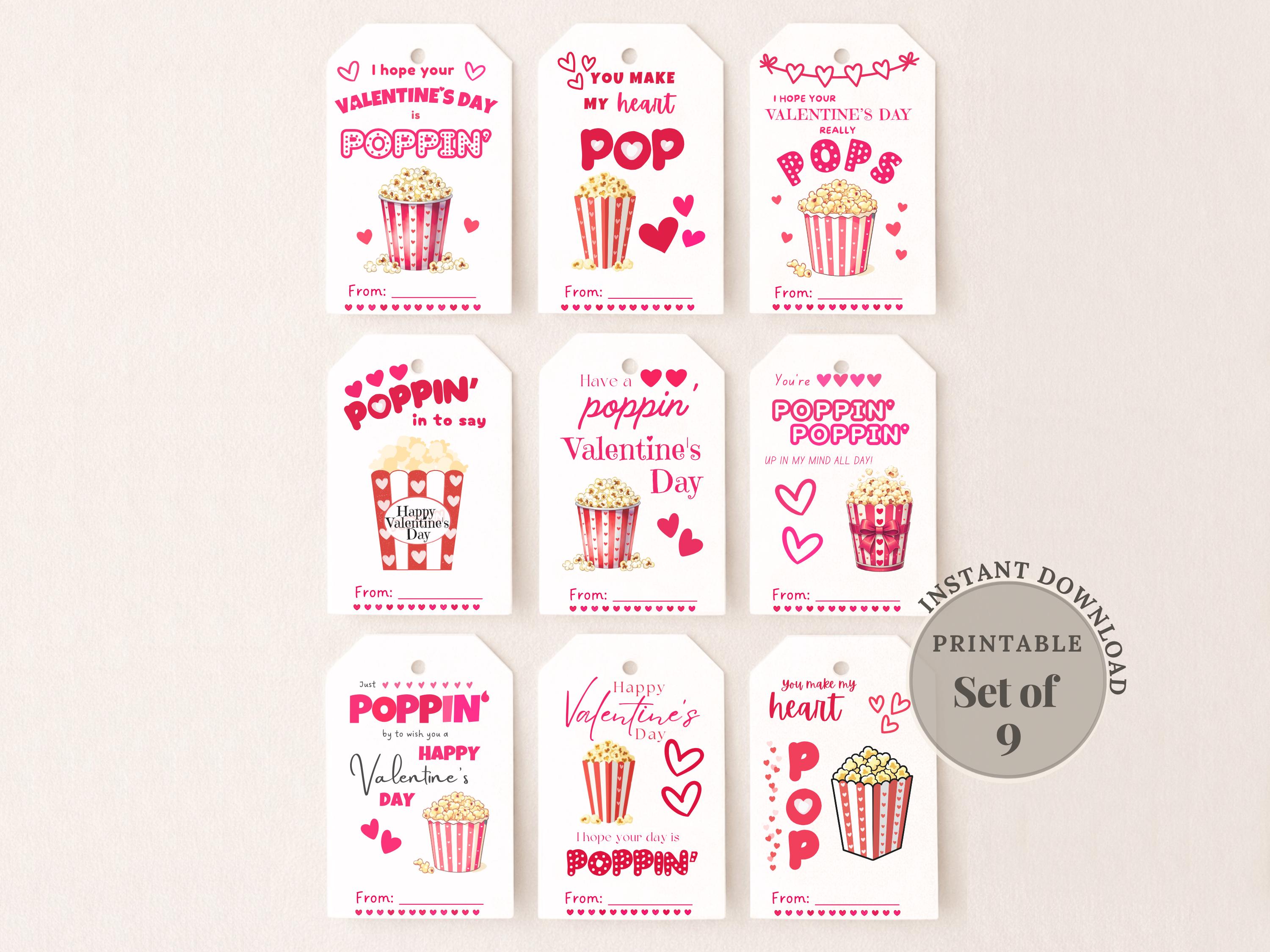 Valentine's Day Gift Tags, Printable Popcorn School Valentine Cards ...