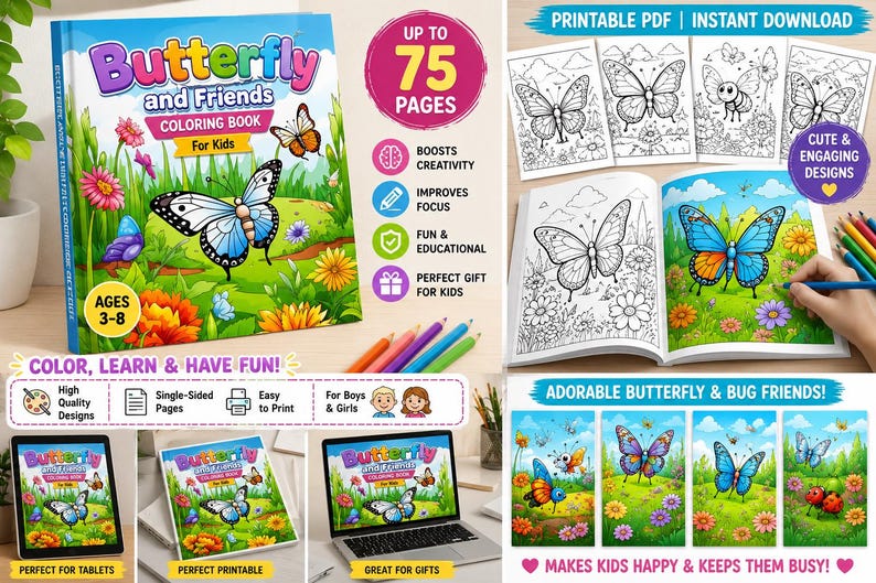 Butterfly and Bug Coloring Book for Kids | 75 Printable Activity Pages ...