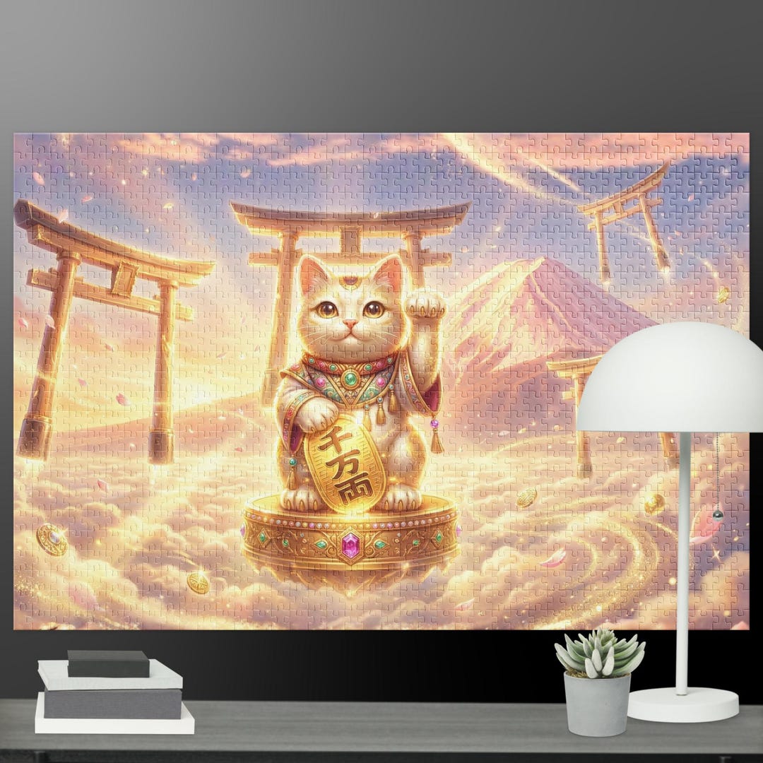 Golden Maneki Neko Puzzle With Mount Fuji & Torii Gates | Lucky Cat ...