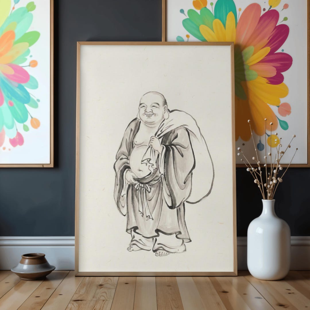 Hotei Ink Painting Poster | Japanese Lucky God Art | Seven Lucky Gods ...