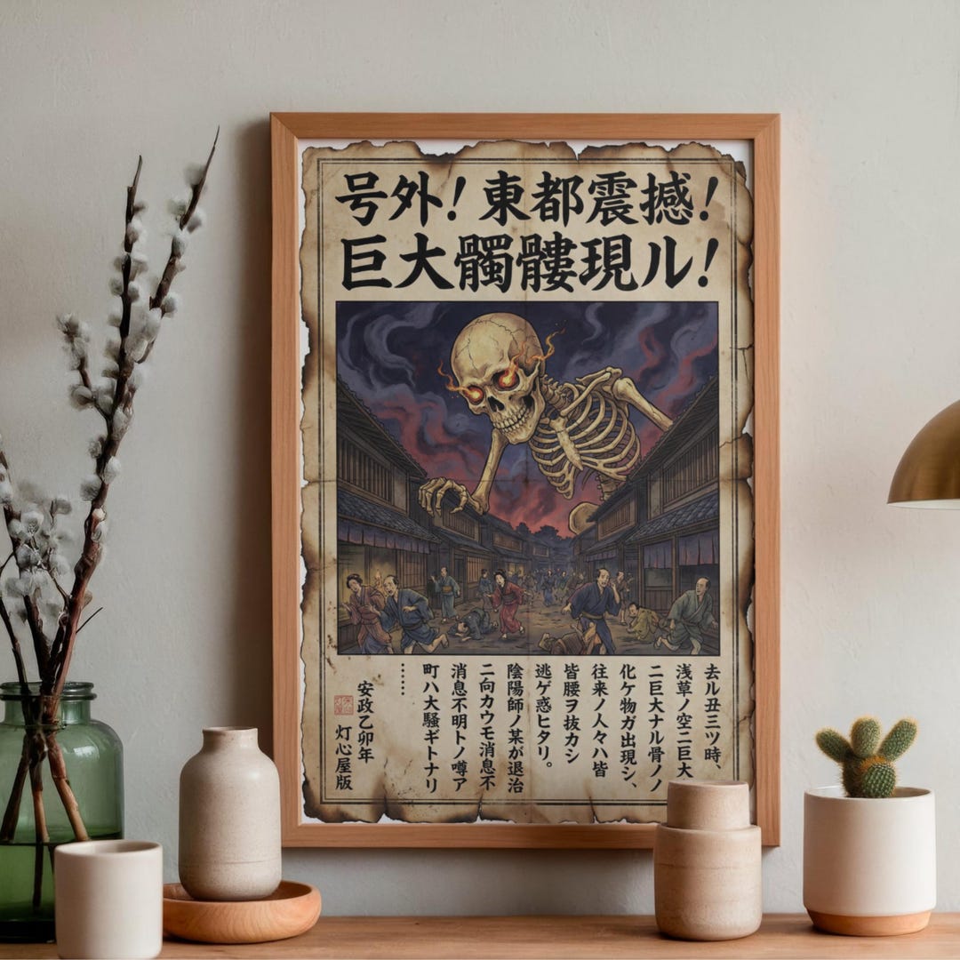 Giant Skeleton Attack – Vintage Japanese Yokai Newspaper Poster | Edo ...