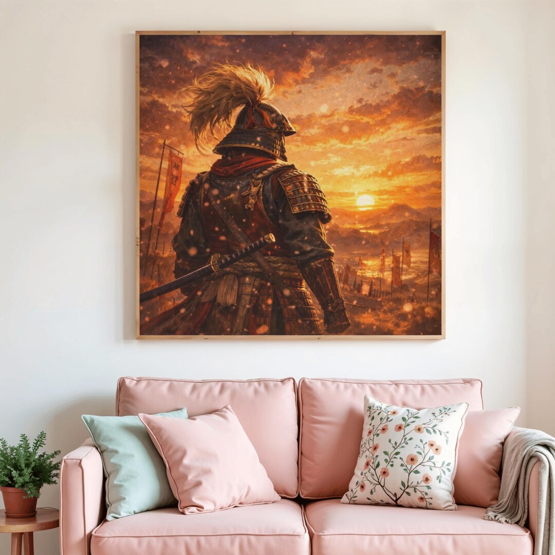 Samurai Art Print Square Poster, Japanese Warrior Sunset Wall Art ...