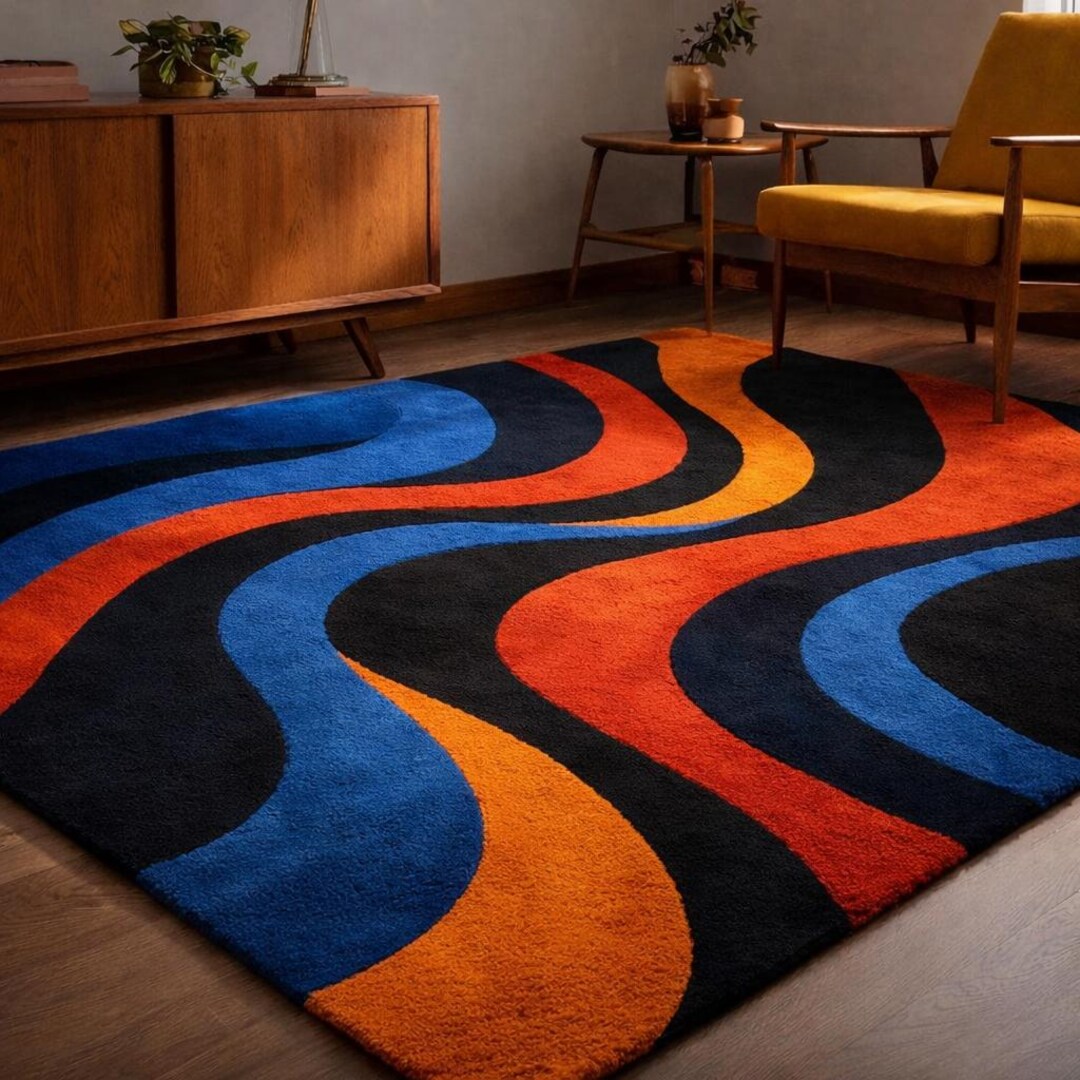 Handmade Tufted Abstract Rug – Modern Wavy Pattern Carpet in Blue ...