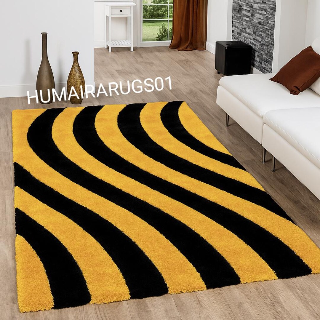 Modern Yellow & Black Wave Pattern Rug – Soft Shaggy Living Room Carpet ...