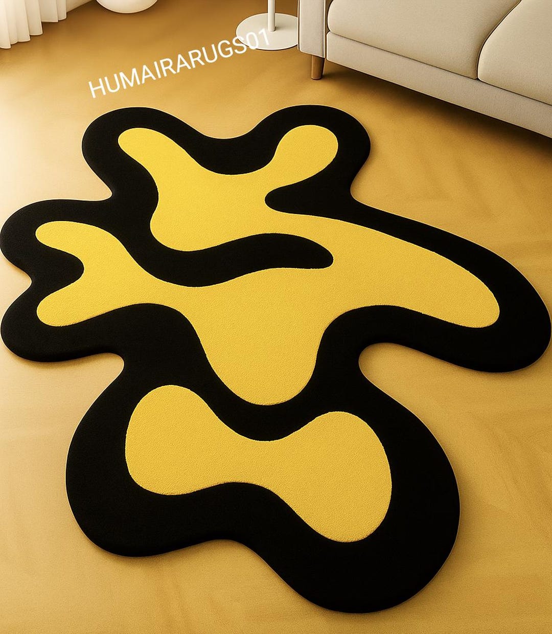 Modern Irregular Shape Tufted Rug – Handmade Yellow and Black Abstract ...