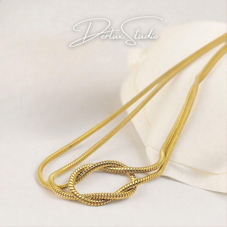 Gold Knot Choker Necklace, 14K Gold Plated Stainless Steel Double Chain ...