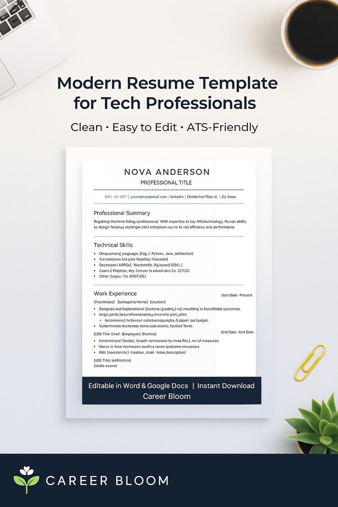 Modern Resume Template: Tech, Ats-friendly (word & Google Docs) - Etsy ...