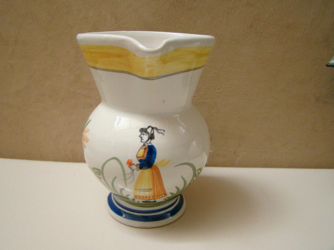 Vintage French Henriot Quimper Small 4" Breton Women Floral Pitcher Jug ...
