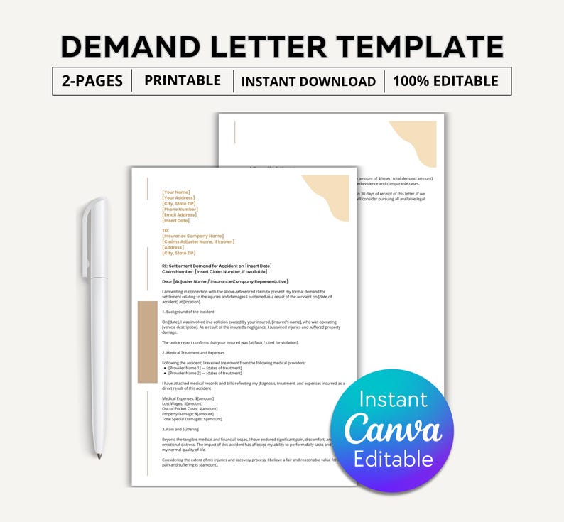 Editable Demand Letter Template, Settlement Demand Letter, Settlement Demand for Accident, Canva ...