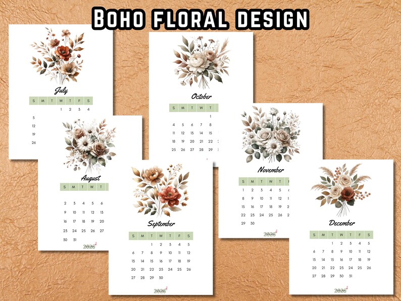 Monthly Calendar 2026 Printable, Boho Floral Wall Calendar, Minimal ...