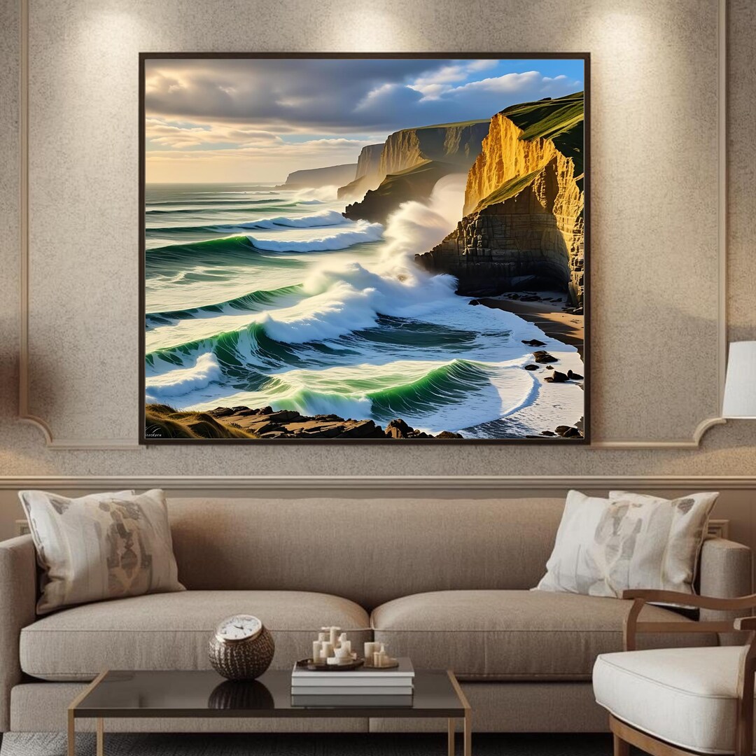 Dramatic Ocean Waves Cliff Landscape Print, Coastal Wall Art, Seascape ...