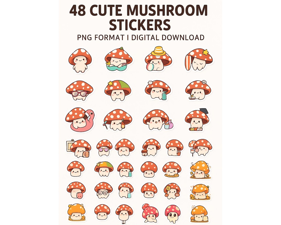 Kawaii Mushroom Stickers Cute Digital Clipart PNG Printable Stickers ...