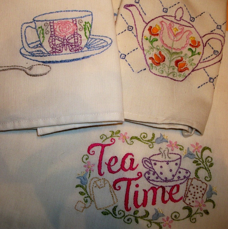 Tea Time Hand Embroidered Tea Towels Set of Six Cotton - Etsy