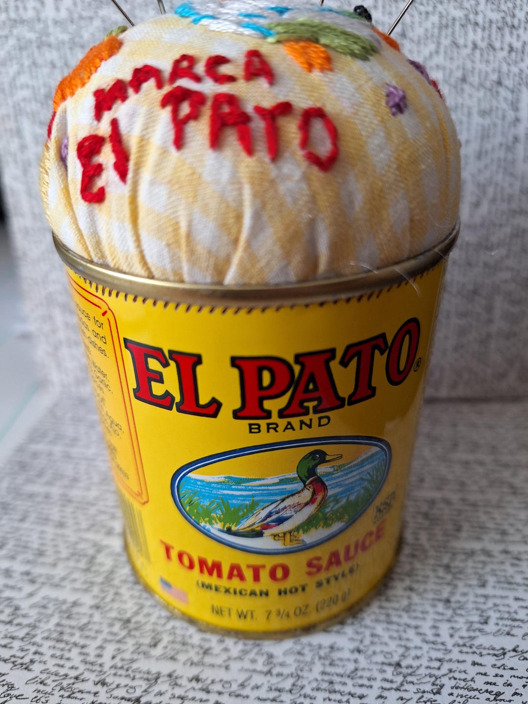 Hand Embroidered Pin Cushion in El Pato Sauce Can. - Etsy