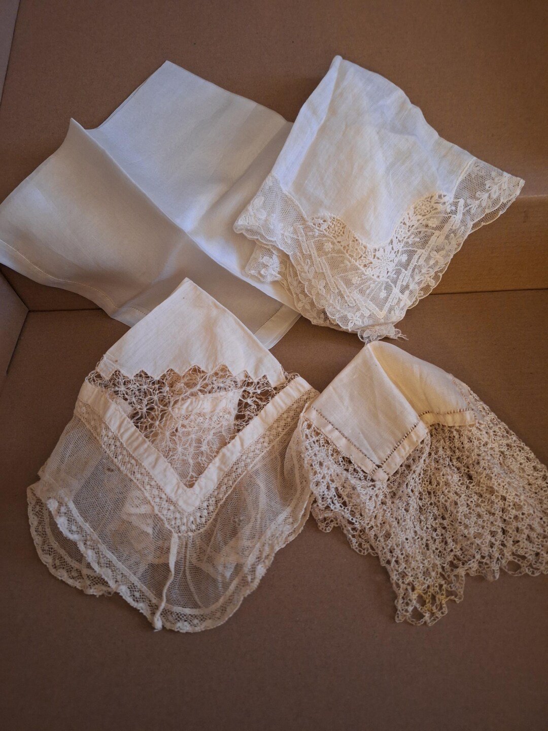 Antique Handkerchiefs, Lace, Silk, Lot of Four Exquisite Bridal Hankies ...