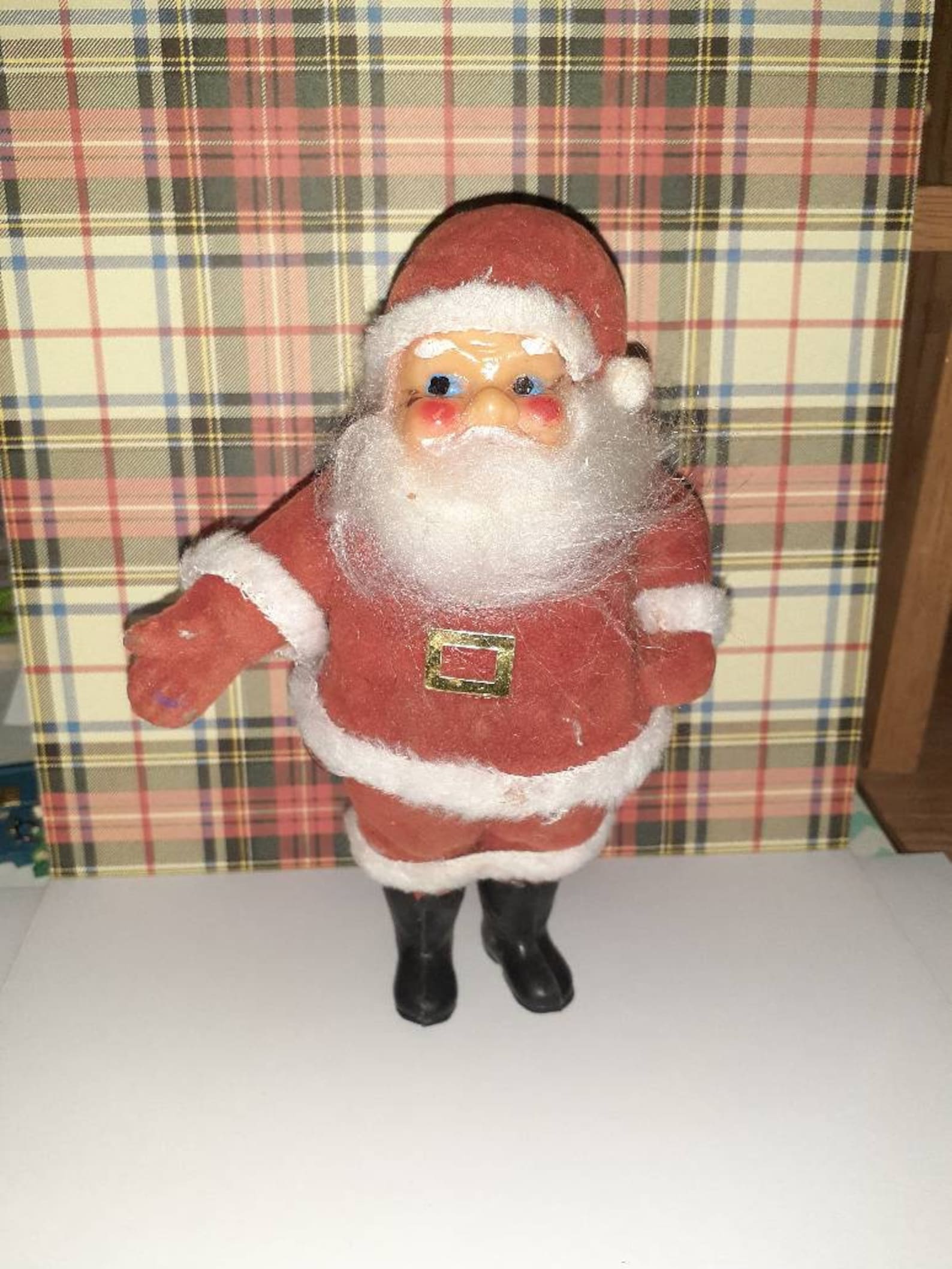 Vintage Flocked Santa Claus Celluloid Face Fluffy Beard Welcoming Hand ...