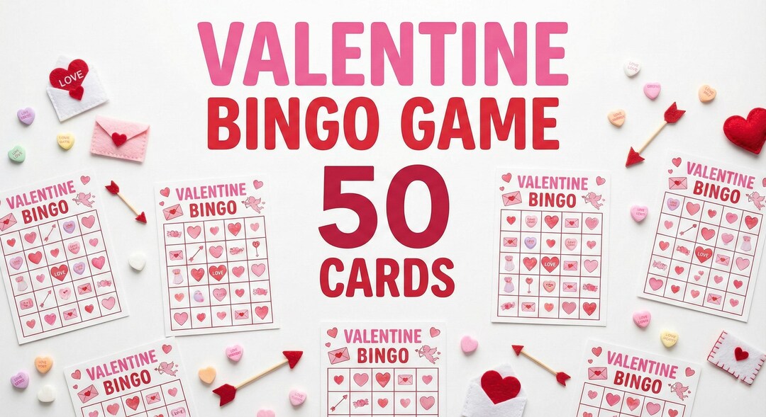 Valentines Bingo Game Cards Printable for Kids, 50 Valentine’s Day ...