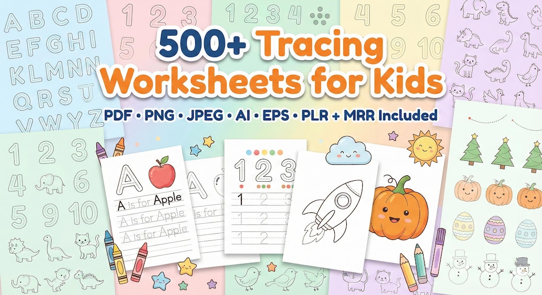 Tracing Worksheets for Kids, 500 Bold Easy Pages, PLR MRR (digital ...