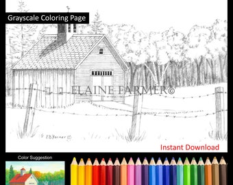 Rustic Barn Grayscale Coloring Page, Printable Countryside Landscape ...