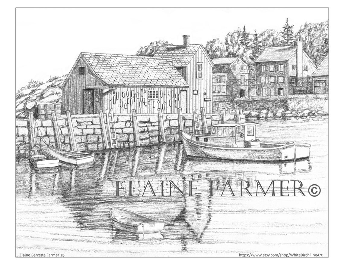 Rockport MA Fishing Pier Coloring Page: Coastal Seascape (digital ...