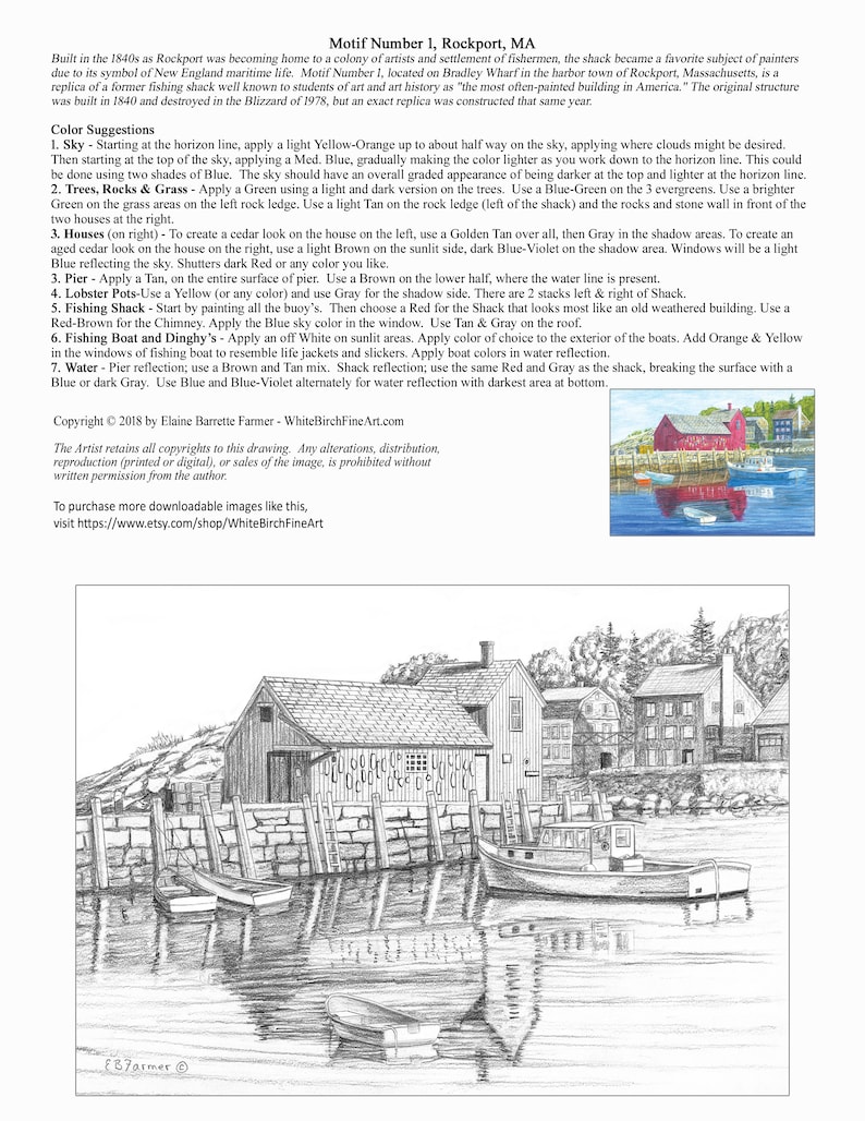 Rockport MA Fishing Pier Coloring Page: Coastal Seascape (digital ...