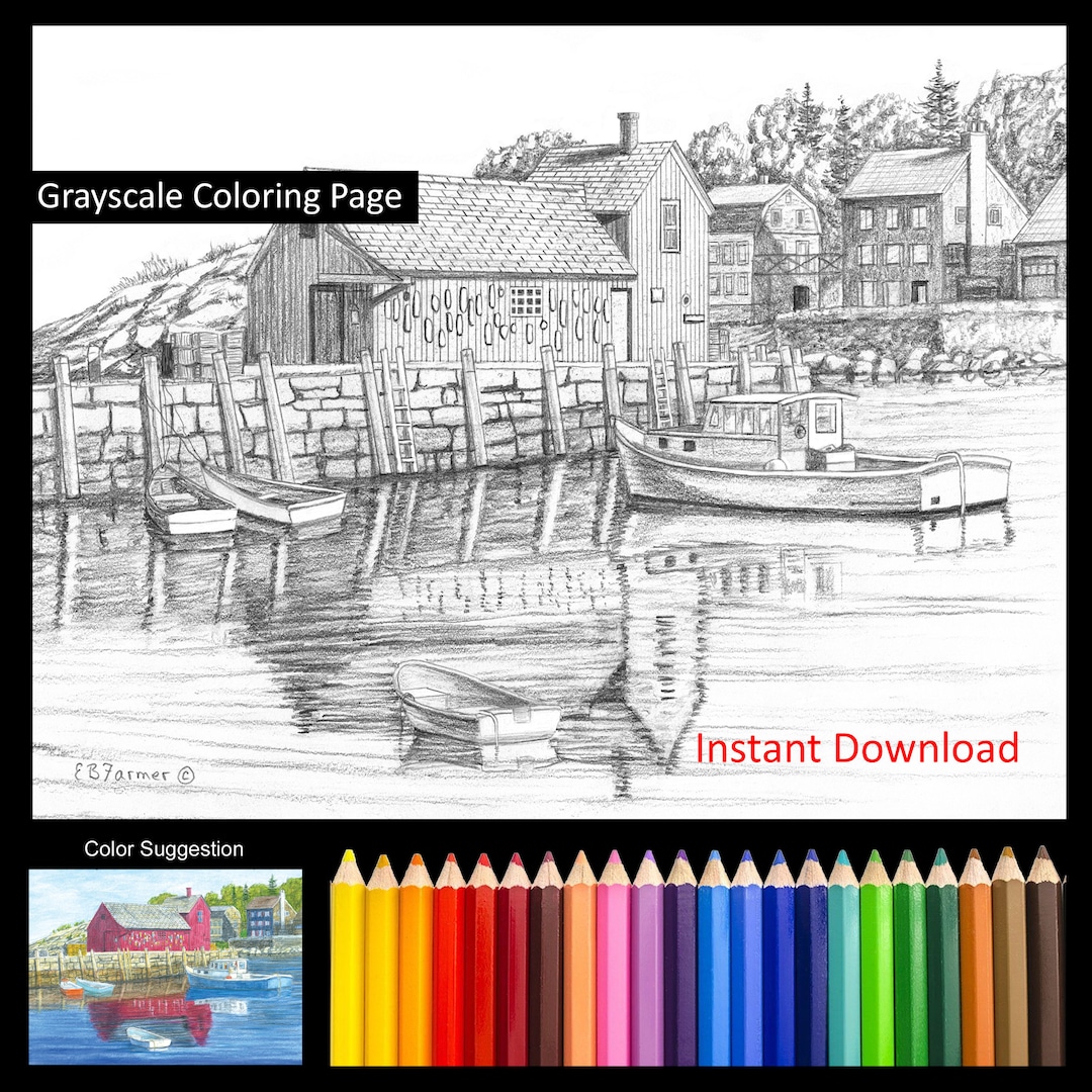 Rockport MA Fishing Pier Coloring Page: Coastal Seascape (digital ...
