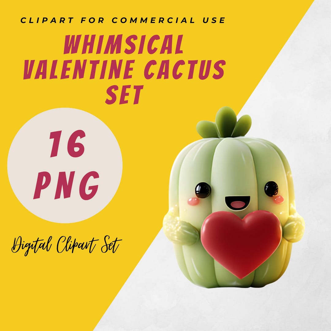 Valentine’s Cactus Clipart | Kawaii Plant | 3D Love Set | Pastel Clip ...