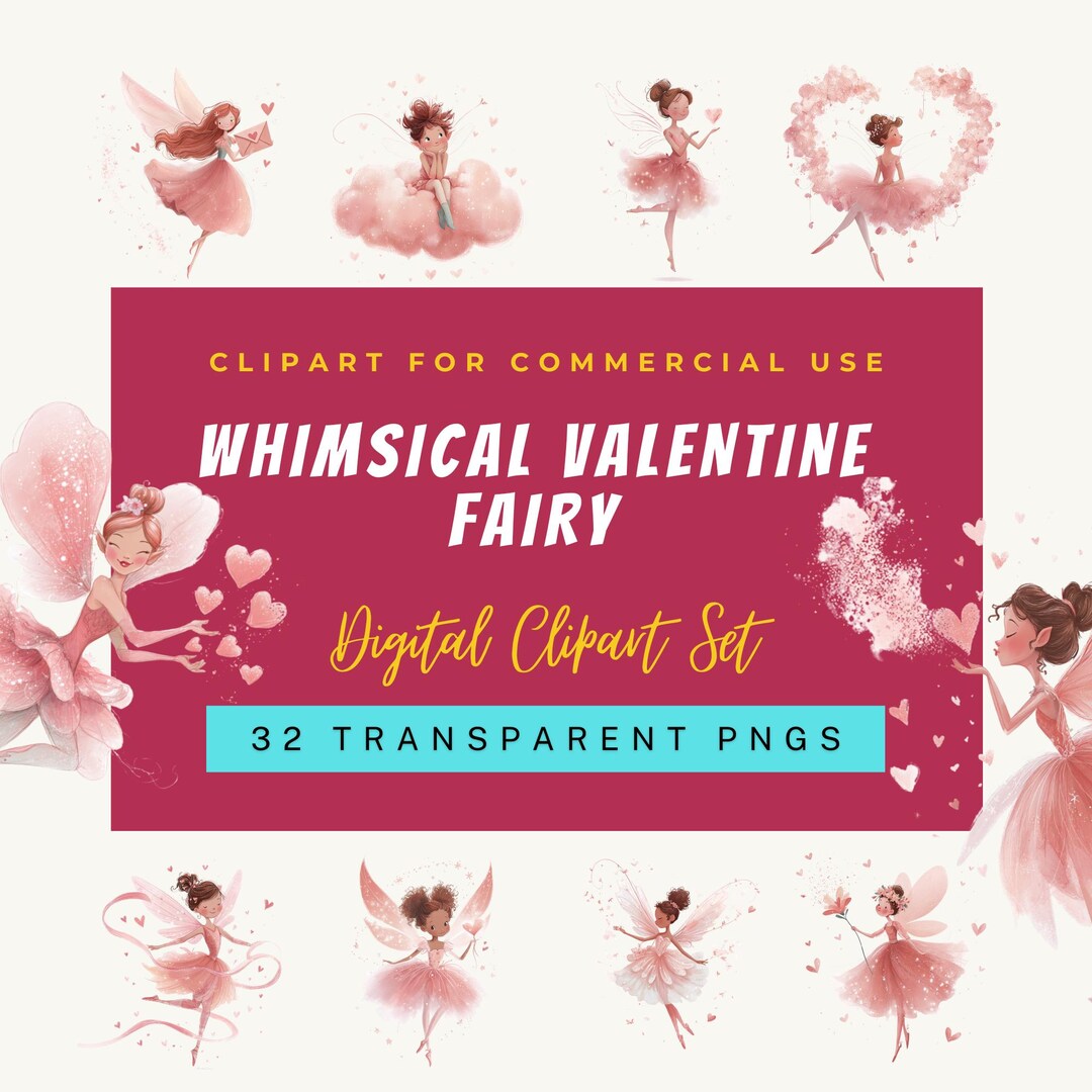 Whimsical Valentine Fairy Clipart Bundle | Cute Pink Love Fairy PNG Set ...