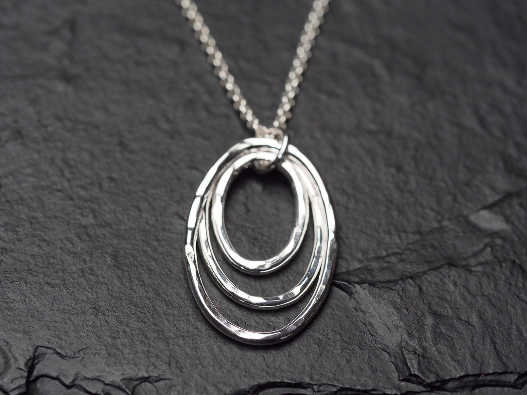 Three Generations Hammered Sterling Silver Three Ovals Pendant on Short ...
