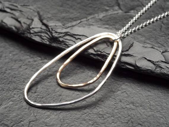 Hammered Gold and Silver Rounded Triangle Pendant on Long | Etsy