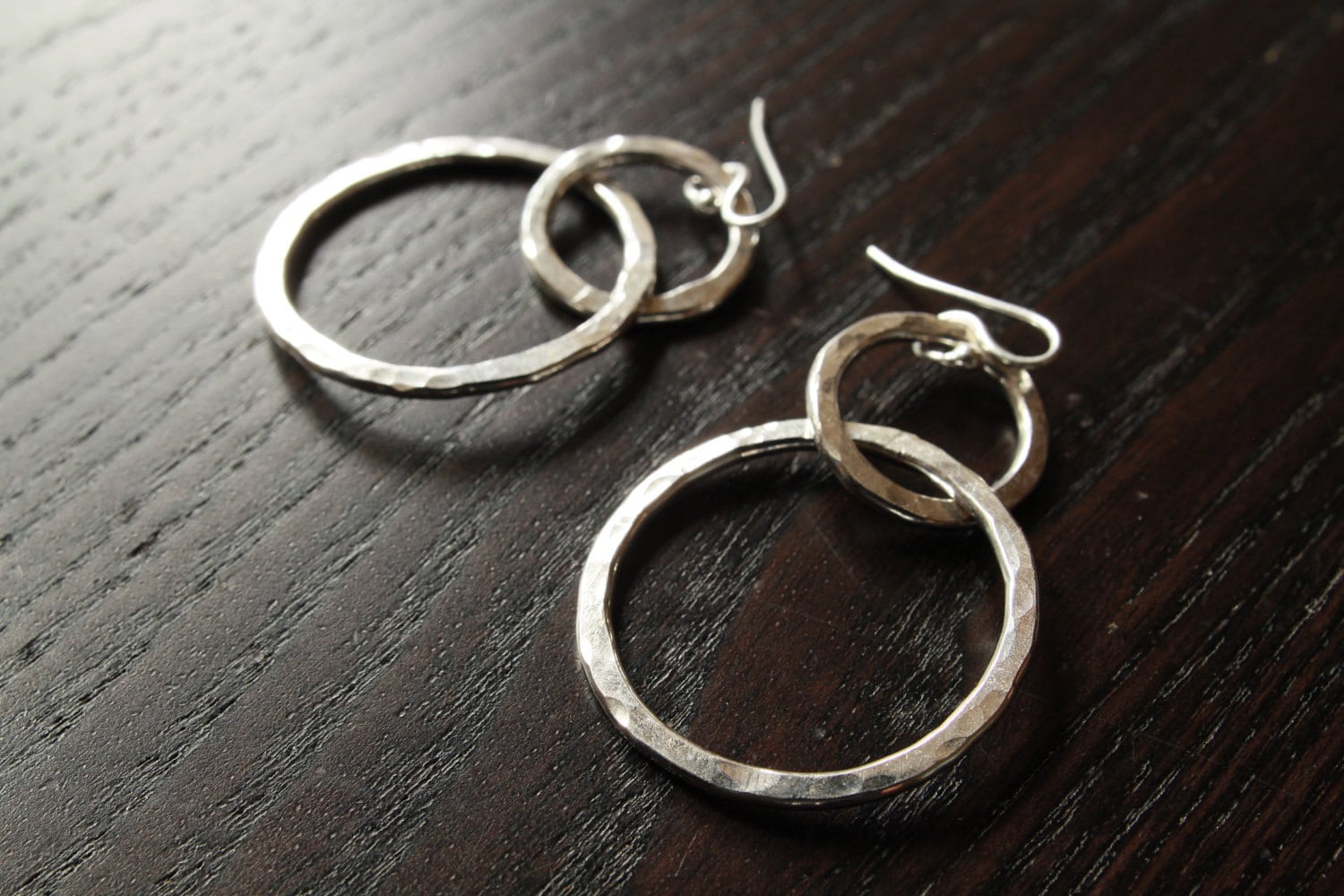 Hammered sterling silver double hoop intertwined circles drop | Etsy
