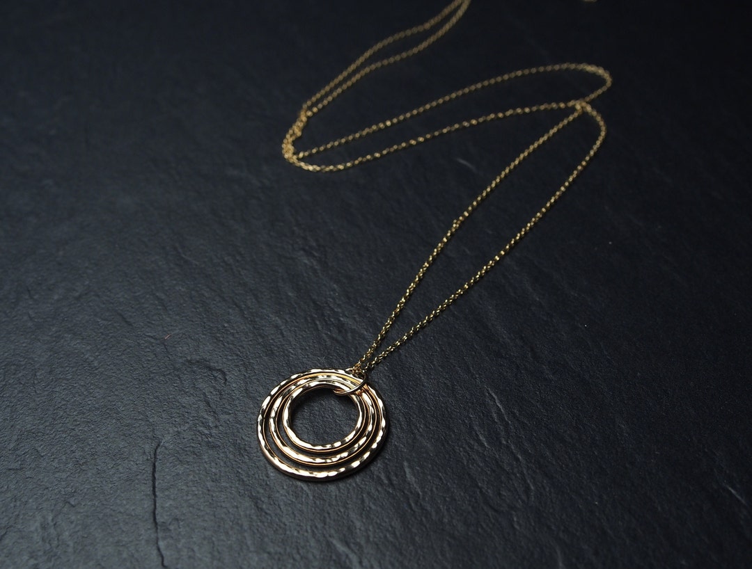 Hammered Three Gold Circles Pendant on Short Chain, Three Generations ...