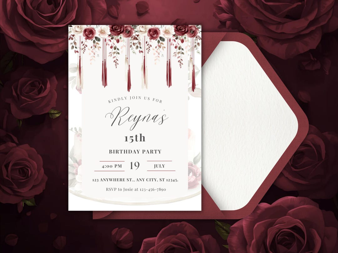 Editable Birthday Invitation Canva Template – Floral Burgundy Blush ...